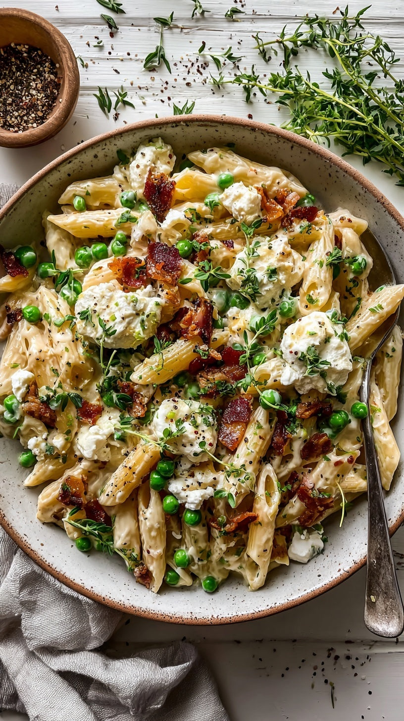 LOW CARB Creamy Goat Cheese Penne with Crispy Pancetta & Peas – Qetoe ...